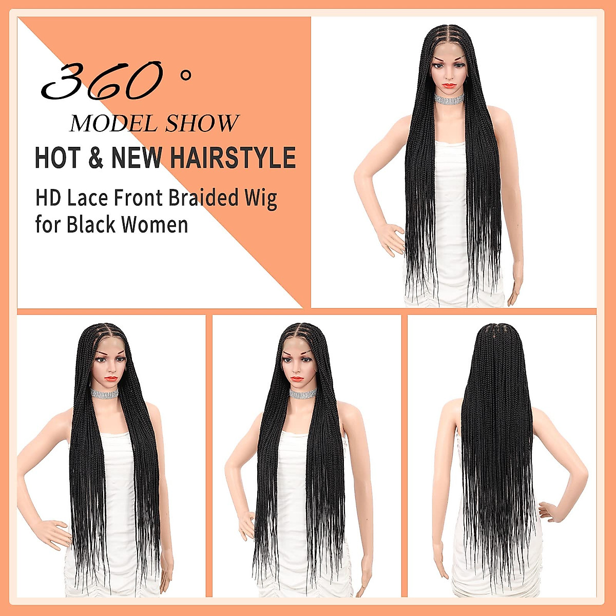 Brinbea 36 inch 13X8" HD Lace Front Braided Wigs Knotless Braided Wigs for Women Box Braid Wig with Baby Hair Human Hair Blended Braided Wigs Long Black