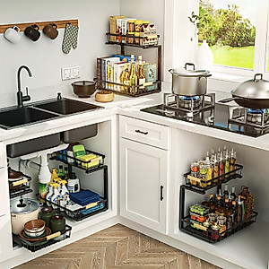 Under Sink Organizer and Storage 2 Pack Height Adjustable Pull Out Cabinet Drawers Organizer 2 Tier Metal Slide Out Sink Shelf Cabinet Storage Shelves for Kitchen Bathroom Cabinet, Black