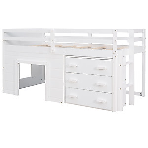 DEYOBED Wooden Twin Size Loft Bed Frame with Bedside Shelf, Storage Cabinet, Safety Guardrail and Ladder, Ideal Bed Frame for Kids Teens Boys Girls Bedroom, White