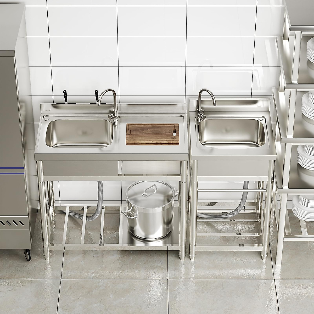 ROOMTEC 304 Stainless Steel Single Bowl Utility Sink Set, Commercial Restaurant Kitchen Sink, Outdoor Sink with Workbench & Storage Shelve with Hot and Cold Water Pipes (39 in (Left bowl))