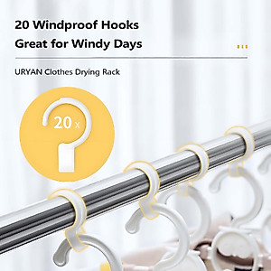 URYAN 79 Inches Stainless Steel Clothes Drying Rack, Heavy Duty Laundry Drying Rack Folding Indoor Outdoor, Portable Drying Rack Clothing, Free-Standing Laundry Stand with 20 Windproof Hooks