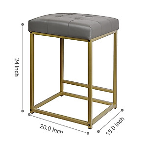 GIA 24-Inch Counter Height Square Metal Stool with Footrest and Tufted Gray Vegan Leather Upholstery, Gold Frame, Qty of 1