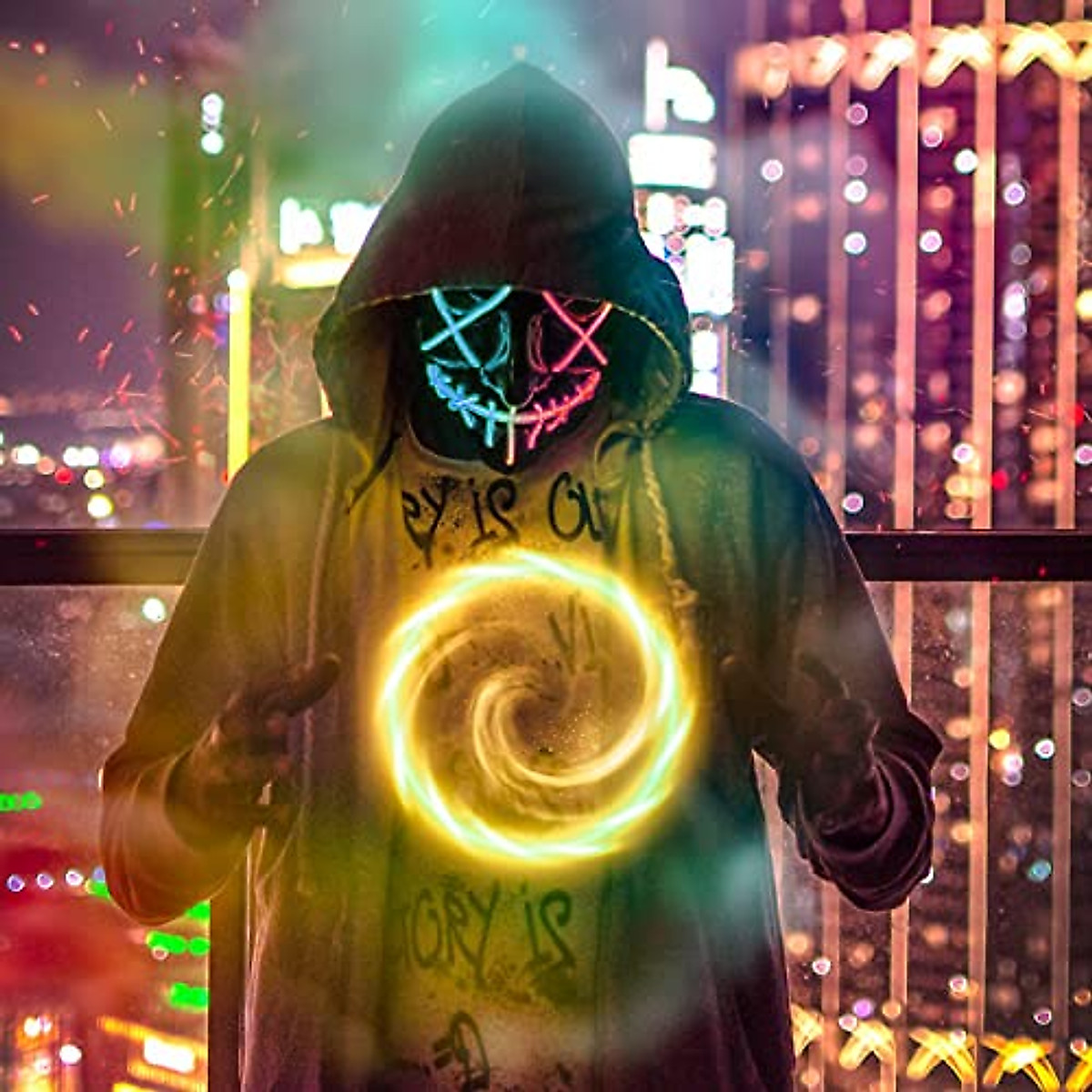 Wlevzzor Halloween LED Scary Mask Cosplay Costume Light up Purge Mask EL Wire Mask for Festival Party Halloween Gifts LED Mask (Ice Blue+Pink)