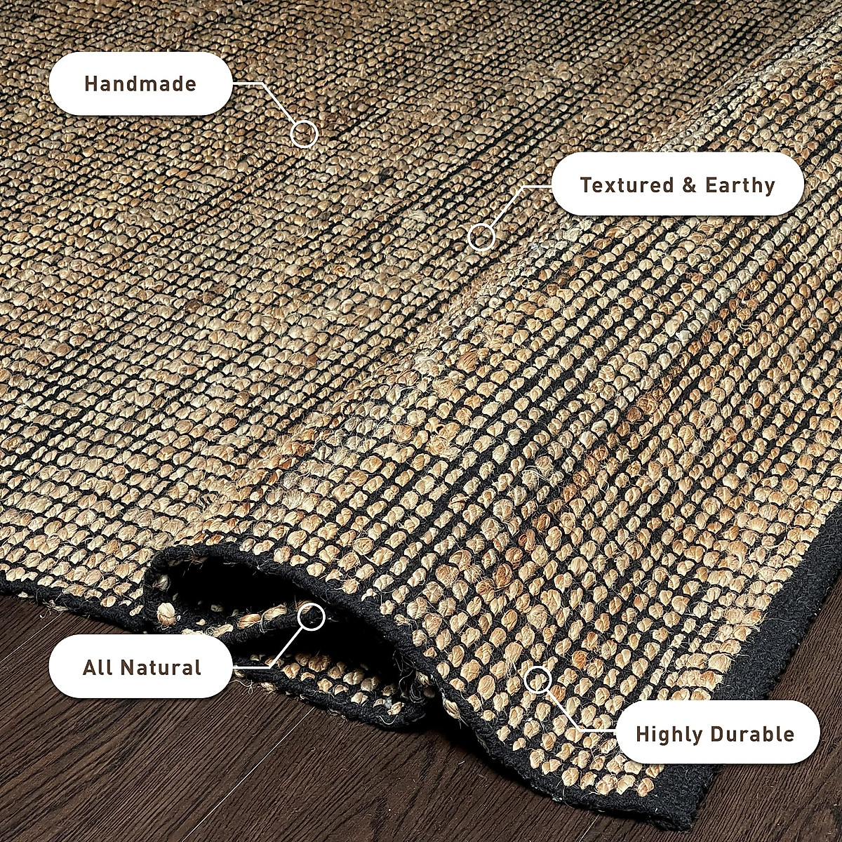 Chardin home Jute Rugs Collection- 2x5 Feet Jute Braids Rug, Boho, Rustic, Natural Jute/Black, Hand Woven Long Runner Rug for Bedroom, Living Room, Kitchen and entryways