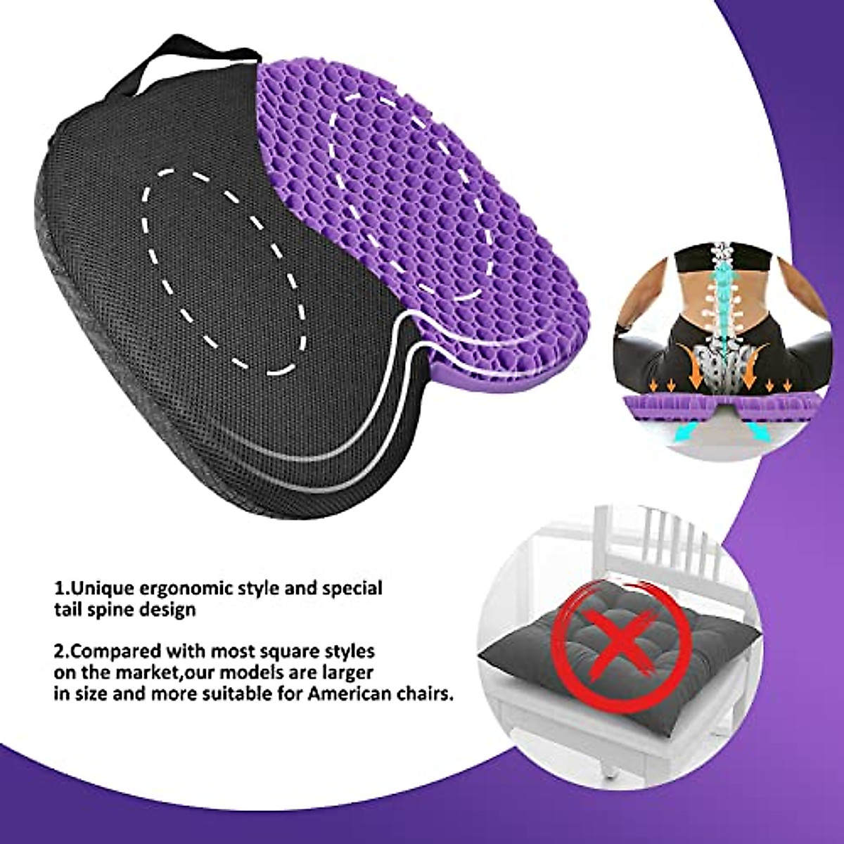 Vedozo Gel Seat Cushion for Office Chairs, Car Seat Cushion for Long Sitting, Wheelchair Pads for Tailbone Pressure Relief Butt & Back Pain, Purple/Black, (ZD020)