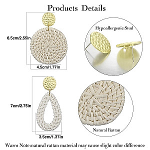 AIDSOTOU Rattan Earrings for Women Lightweight Geometric Statement Earrings Handmade Straw Wicker Braid Teardrop Hoop Drop Dangle Earrings 4 Pairs (Style-4)