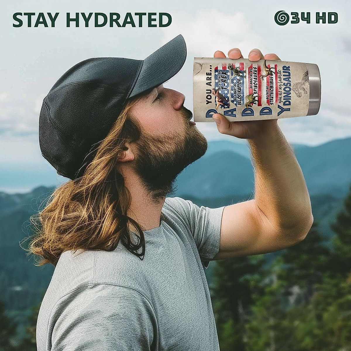 34HD Daddysaurus Tumbler with Lid, 20oz Stainless Steel Insulated Dinosaur Dad Mug, Funny Daddy Drinking Cup, Birthday Christmas Father Day Gifts for New Papa Bonus Dad Husband Grandpa