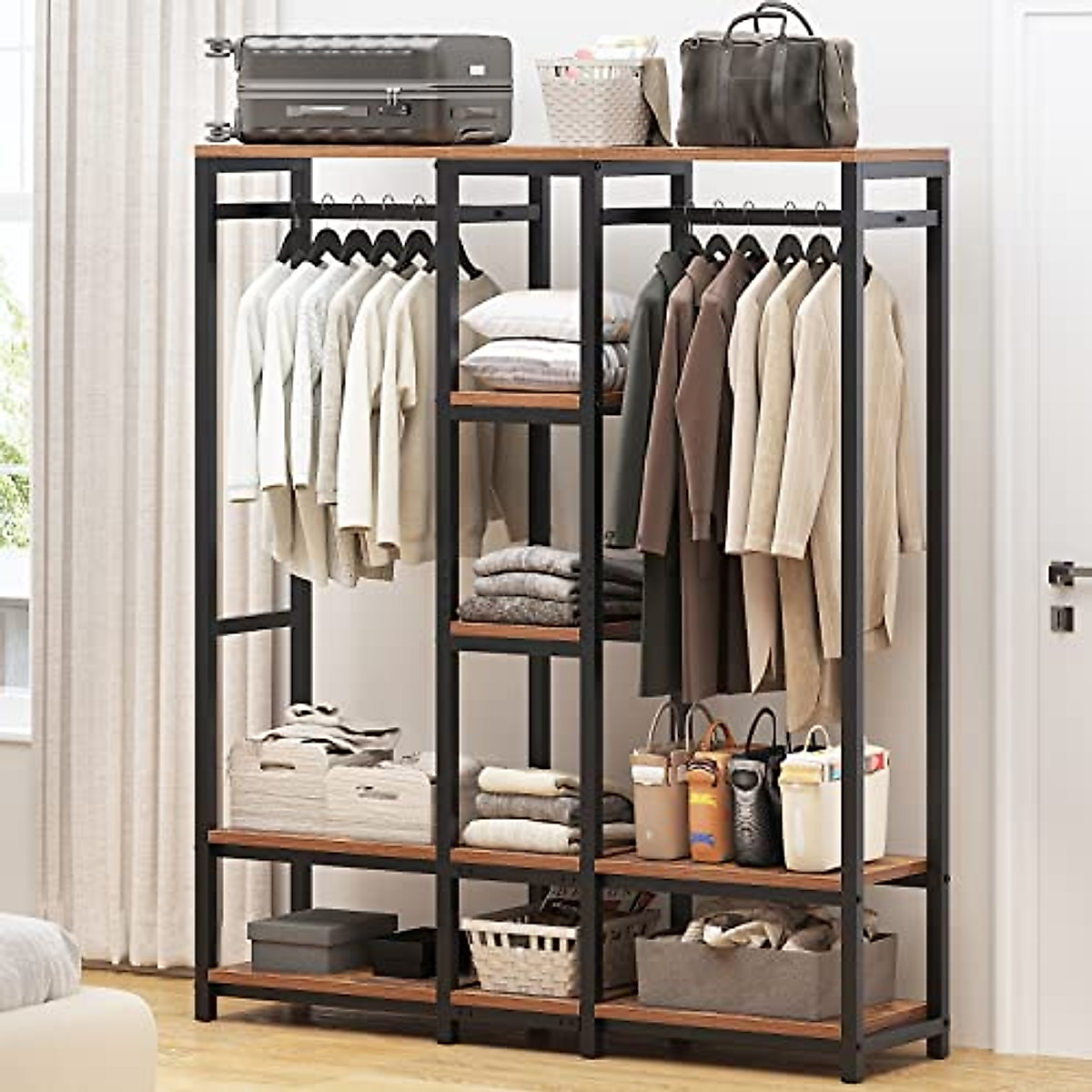 DlandHome Free Standing Closet Organizer, Heavy Duty Garment Rack with Storage Shelves Wardrobe Closet Storage with Shelves with 2 Rods Large Clothing Rack for Hallway, Bedroom