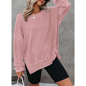 Dokotoo Womens Waffle Knit Oversized Crewneck Sweatshirt for Women Trendy Side Split Long Sleeve Pullover High Low Slouchy Fit Casual Cute Sweatshirts Tops Fall Outfits Clothes 2024 Pink Medium