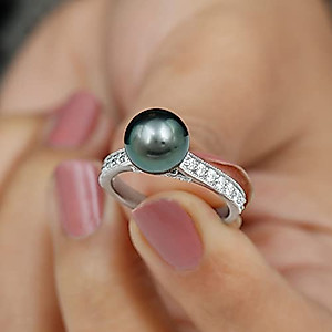 Rosec Jewels Real Tahitian Pearl Solitaire Ring with Diamond, 9 cttw, Aaa Quality, 14K White Gold, Size:US 9.00