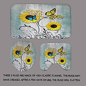 Dia Magico 4PCS Yellow Sunflower Shower Curtain Set, Magic Floral Blue Butterfly Black Plant Botanical Teal Barnwood Country Rustic Farmhouse Bathroom Decor, Fabric Shower Curtain, Non-Slip Bath Mat