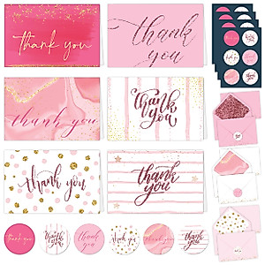 Decorably Thank You Cards with Envelopes & Stickers, Glittery Cards - 24 Pack Thank You Cards Pink Thank You Cards with Envelopes Pink, Blank Inside Pink Thank You Notes, 6x4in Thank You Notes Pink