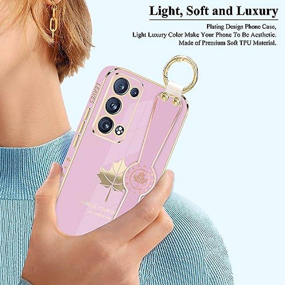 Kainevy Phone Case for Oppo Reno 6 Pro 5G Case Aesthetic Silicone Shockproof for Women Protector Cover Oppo Reno 6 Pro 5G Phone Case Slim with Ring Wrist Starp Maple Leaf Pattern Design (Purple)