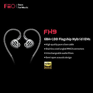 FiiO FH9 Headphones Earphone Wired High Resolution Over-The-Ear 1DD+6BA Detachable Cable Deep Bass Comes with 2.5/3.5/4.4mm Swappable Plugs for Smartphone/PC/Players/Home Audio(Titanium)