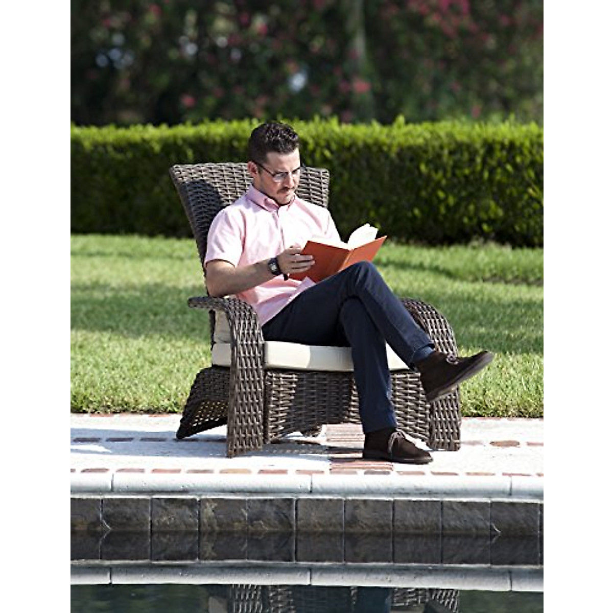 Patio Sense 62172 Deluxe Coconino Wicker Lounge Chair All Weather Wicker Armchair Lightweight Durable Adirondack Style Includes 3" Thick Beige Cushion & Lumbar Pillow - Mocha Finish