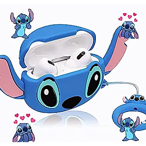 7 in 1 Stitch Airpod Pro Kit, Fashion Cute Funny Cool Silicone Cover for Girls Boys Woman Kids with Ear Hooks/Anti-Lost Strap/Case/Watch Band Holder/Brush/Keychain (Disney Stitch Blue )