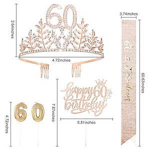 CURASA 60th Birthday Decorations Decor for Women Rose Gold 60 Birthday Sash and Crown Rhinestones Tiara 60 & Fabulous Sash 60th Birthday Cake Topper 60th Birthday Candles 60th Birthday Gifts for Women