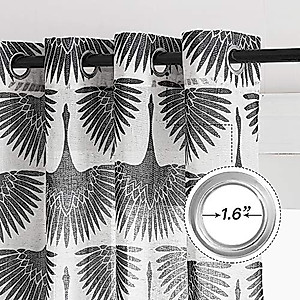 KGORGE Sheer Curtains 84 inch Length - Natural Linen Floral Curtains Geometric Print Half Translucent Washable Window Drapes for Bedroom Living Room French Door, Set of 2, Black