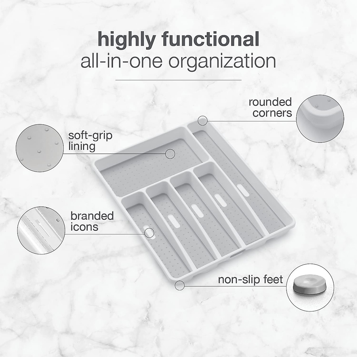 madesmart Large Silverware Tray - White |CLASSIC COLLECTION | 6-Compartments| Kitchen Drawer Organizer | Soft-Grip Lining and Non-Slip Rubber Feet | BPA-Free