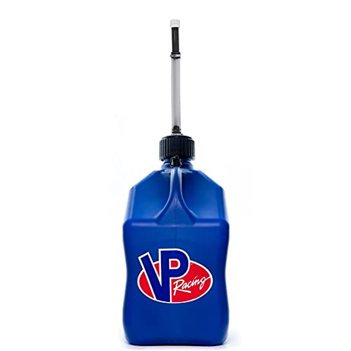 VP Racing Fuels 5 Gallon Square Motorsport Utility Jug Blue w/ 14 Inch Standard Hose. Features Close-Trimmed Cap and Neck for Tight Seal