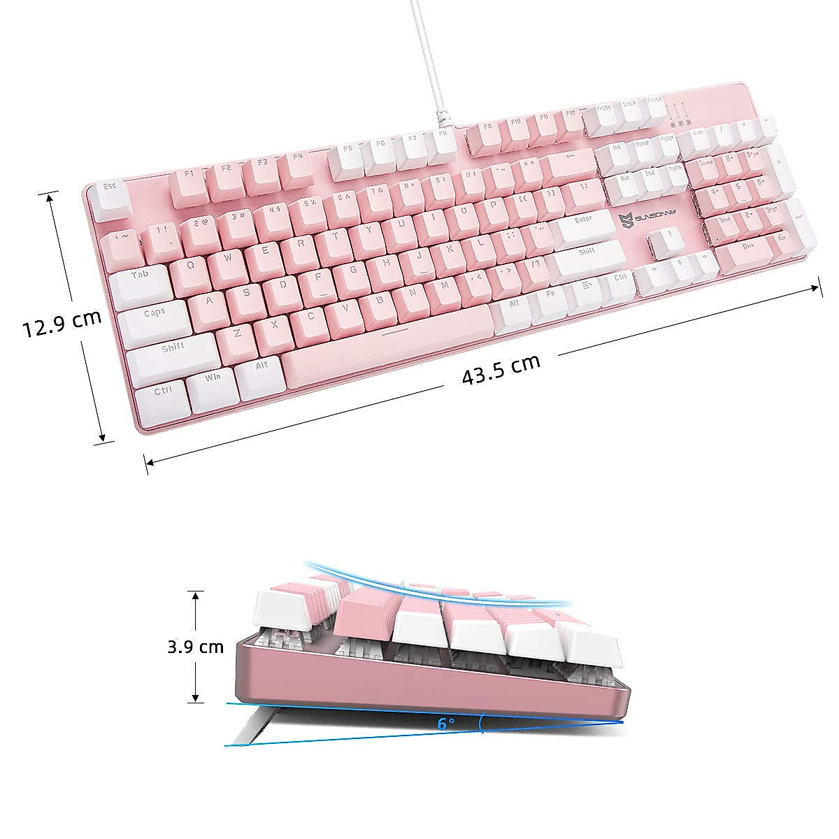 Merdia Mechanical Keyboard Gaming Keyboard | Blue Switch, Pink & White Color, White Backlit Keyboard | 104 Keys US Layout | Wired Gaming Keyboard | Hot Swappable Mechanical Keyboard | PC Keyboard