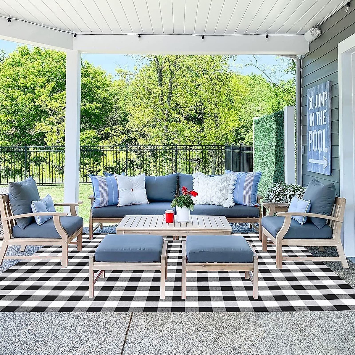 Ckorzen Cotton Buffalo Plaid Rug 8x10 FT Reversible Hand-Woven Washable Retro Lattice Checkered Outdoor Rugs Black and White Area Rug for Kitchen, Dining Room, Bedroom, Living Room