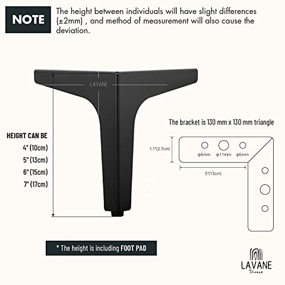 La Vane 4 inch Metal Furniture Legs, Set of 4 Modern Iron Diamond Triangle Furniture Feet DIY Replacement Black for Cabinet Cupboard Sofa Couch Chair Ottoman