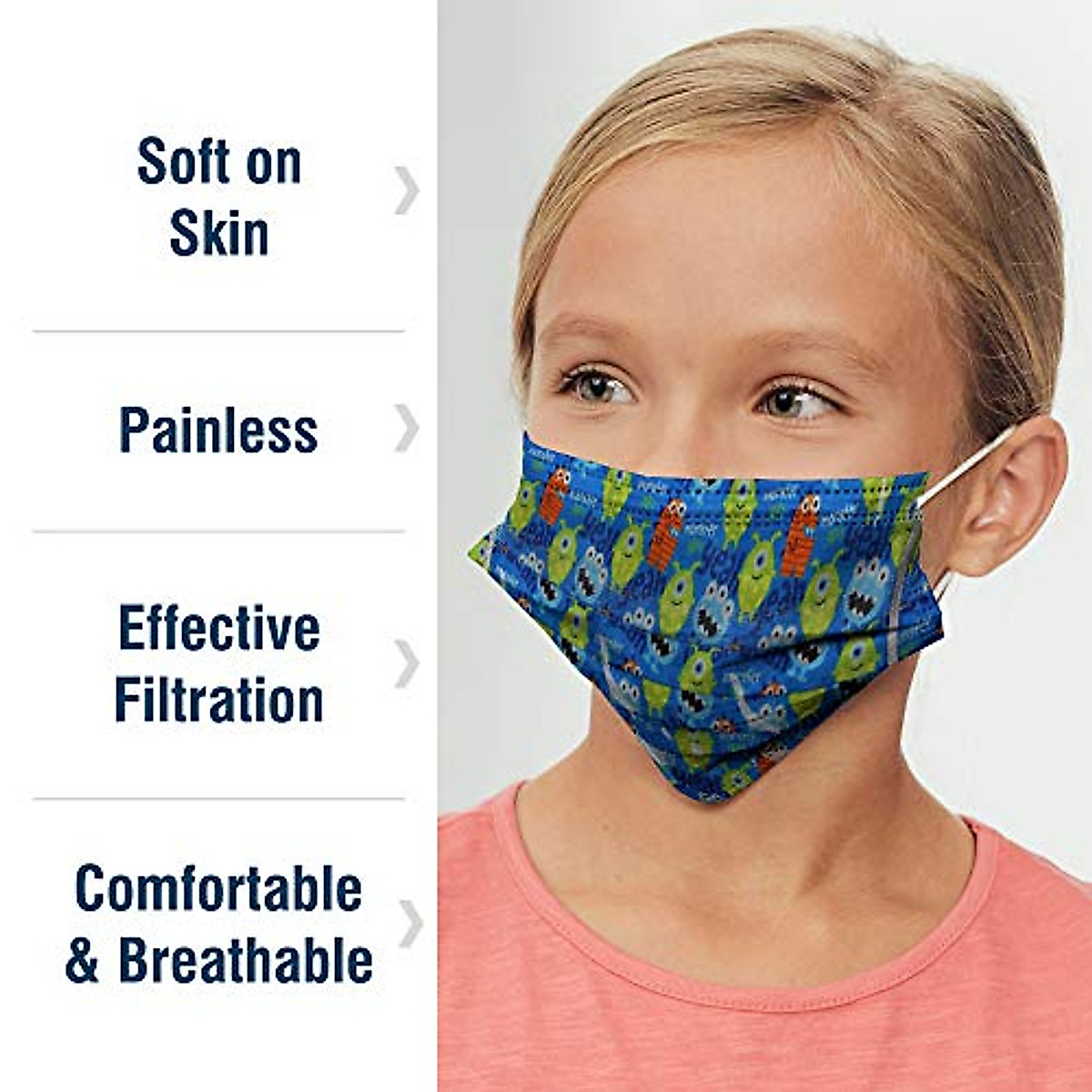 WECARE Disposable Face Masks For Kids, 50 Print Masks, Individually Wrapped for School and Travel (Fun Pack)