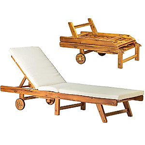 Panana Acacia Wood Chaise Lounge Patio Outdoor Folding Lounge Chair Recliner Portable Sun Lounger with Adjustable Backrest, Wheels, Cushion for Garden Poolside Deck