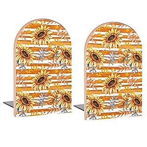 Autumn Sunflower Striped Pattern Book Ends Decorative Wood Bookends for Shelves Kids Room Desk Home Office Book Stoppers for Magazines,Books, DVDs, 1 Pair/2 Pieces(5x3.1 in)