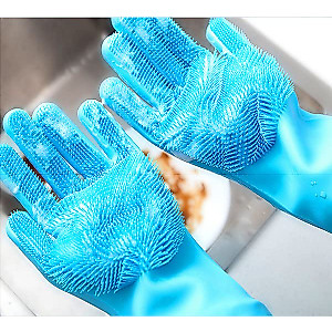 Silicone Dishwashing Gloves, Reusable Rubber Scrubbing Gloves for Dishes,Sponge Wash Cleaning Gloves with Scrubbers for Housework, Bathroom, Kitchen, Car, Pets. 1Pair (13.6" Large) (green)