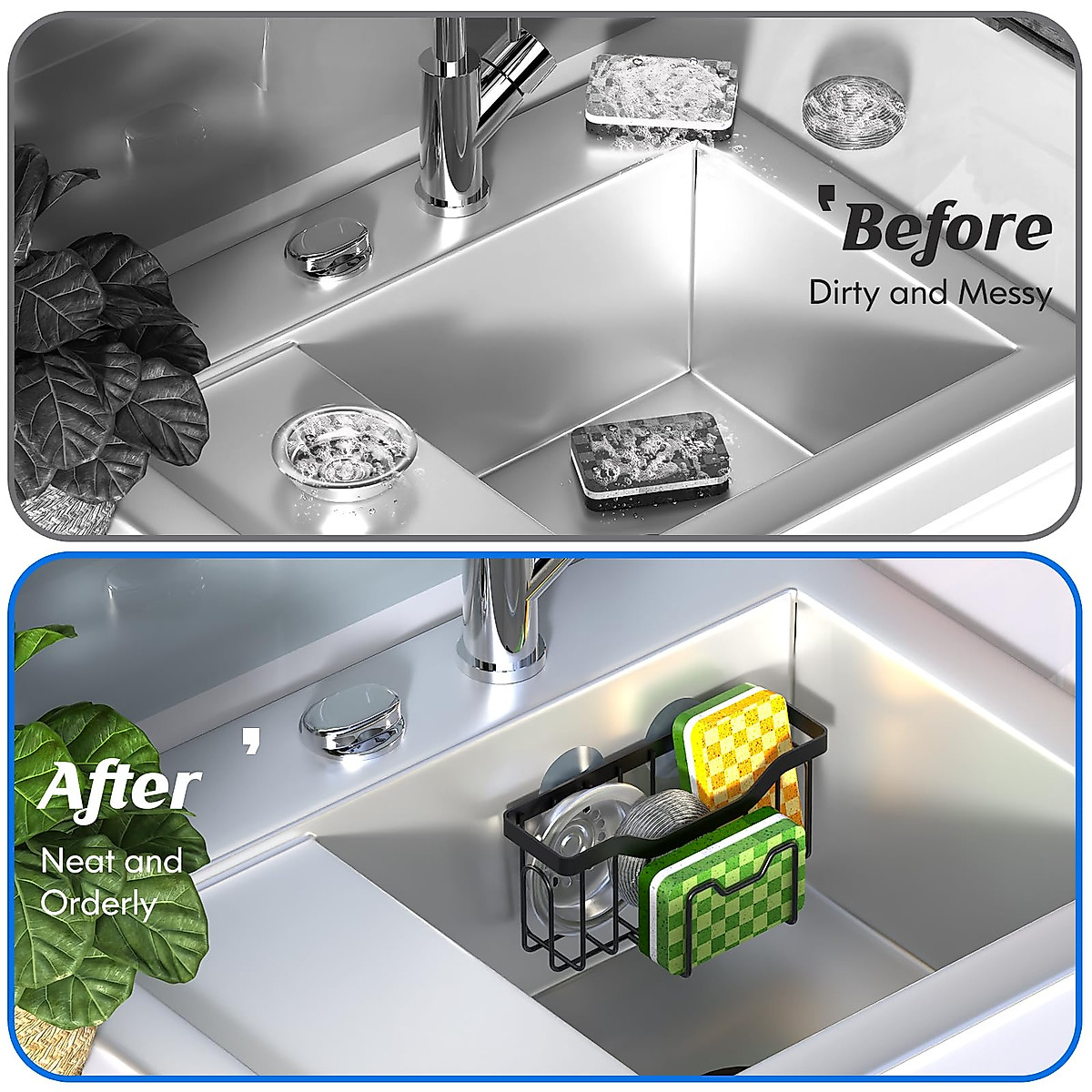 Utobao Sponge Holder for Kitchen Sink, Kitchen Sink Caddy Organizer for Dish Soap Scrub Brush Sink Stopper, in Sink Basket SUS304 Stainless Steel, No Drilling with Adhesive 2 Hanging Way-Black