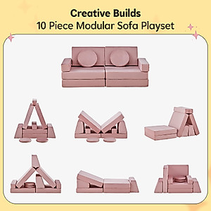 CLIPOP Kids Couch 10pcs Modular Kids Play Couch Set, Kids Couch Building Fort, Instant Rebound Foam, Versatile Child Sectional Sofa for Bedroom Playroom, Stylish Baby Boy Girl Gifts (Pink)