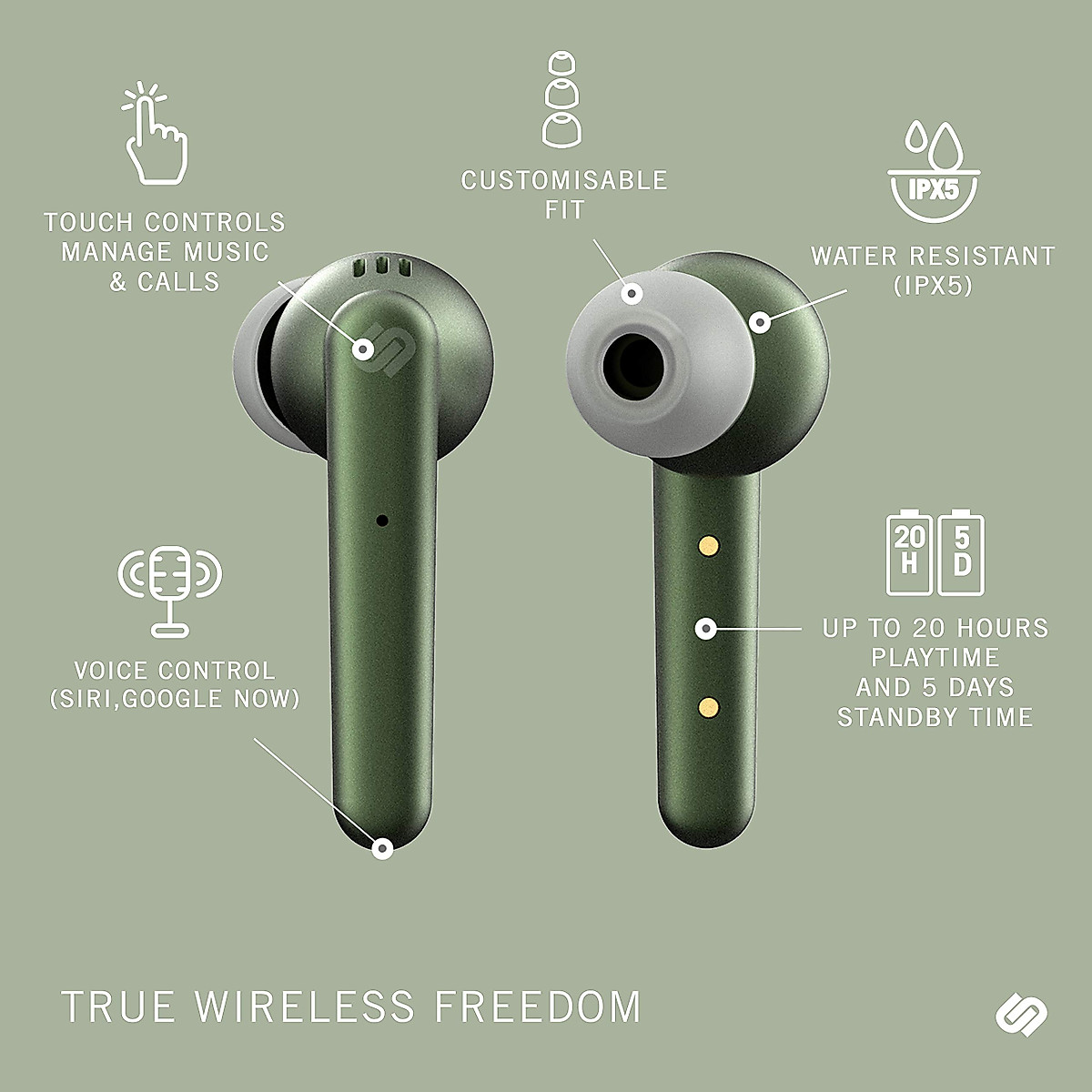 Urbanista True Wireless Earphones 20H Playtime Wireless Charging Case and Bluetooth 5.0, Noise Cancelling Earphones with Touch Controls + Built-in Mic, Compatible with Android and iOS - Paris, Green