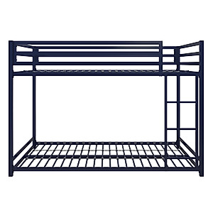 DHP Miles Low Metal Bunk Bed Frame for Kids, With Built-in Ladder, High Guardrail and Metal Slats, Floor Bed Bottom Bunk, No Boxspring Required, For Small Spaces, Full-Over-Full, Blue
