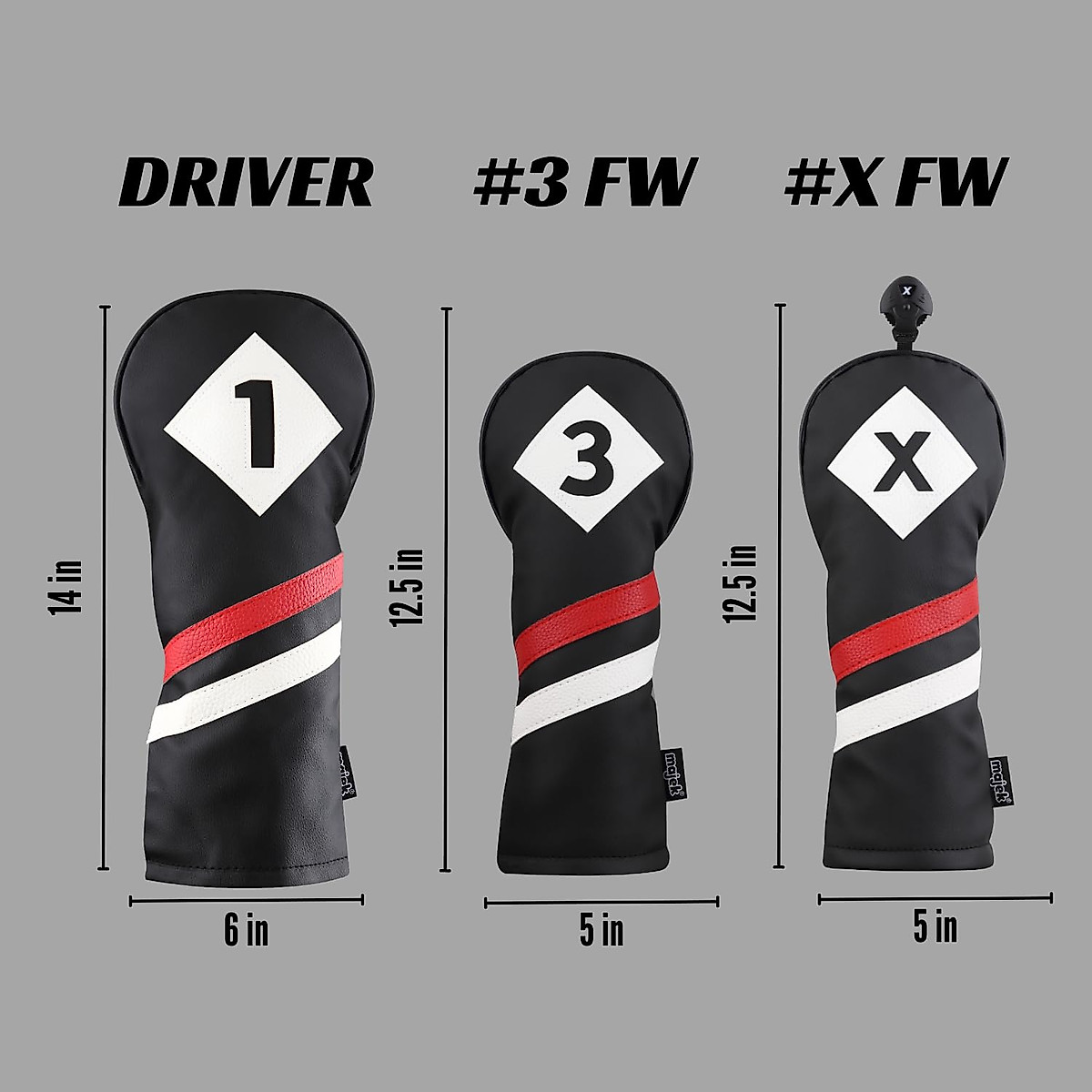 Majek Retro Golf Headcovers Black Red and White Vintage Leather Style 1 3 X Driver Fairway Woods Head Cover Classic Look