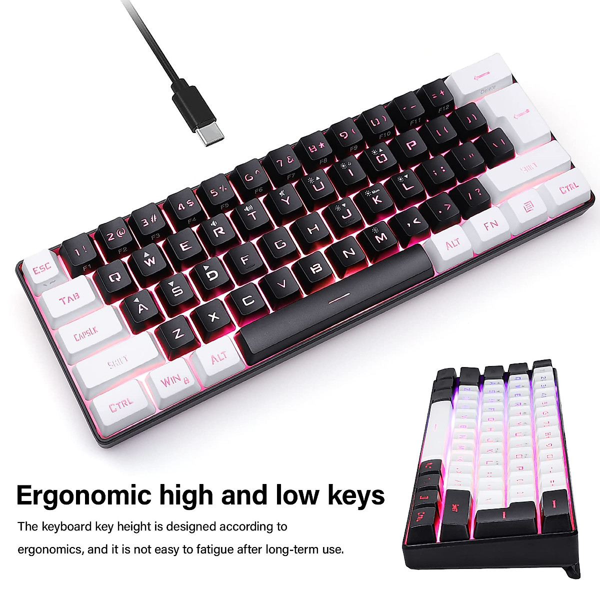 60% Wired Gaming Keyboard, RGB Backlit Ultra Compact Mini Keyboard, Waterproof Mini Compact 61-key Keyboard for PC/Mac Gamers, Typist, Travel, Easy Travel (Black & White)