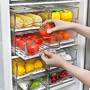 XIYAO 2 pack Stackable Fridge Organizer Bins Drawers With Vented Lids And Drain Tray ,Clear Pantry Organization and Storage,BPA-free Food Fruit Vegetables storage for Freezer, Cabinet, Kitchen, 11.8"x8.11"x4.5"