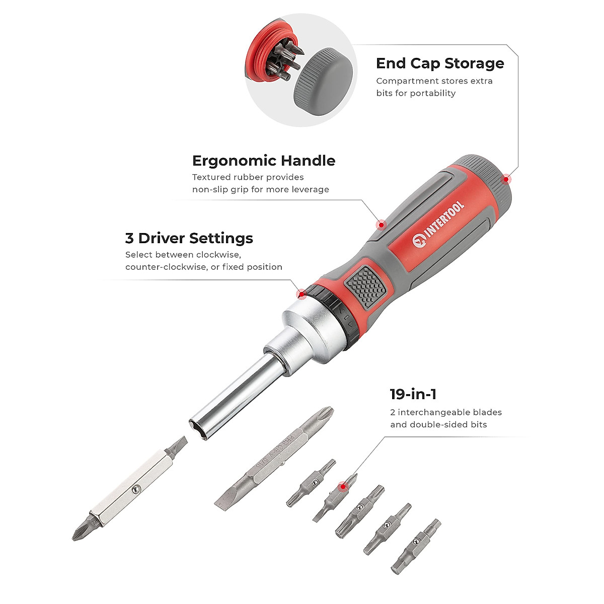 INTERTOOL 19-in-1 Ratcheting Screwdriver Set, Multi-Bit, High Strength Chrome Vanadium Steel, 8 Double-Ended Bits VT08-3376