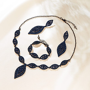 Flyonce Wedding Jewelry Set Rhinestone Crystal Bridal Leaf Necklace Drop Dangle Chandelier Earrings Set Navy Blue