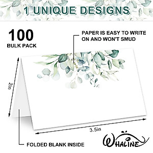 Whaline 100Pcs Greenery Place Cards 2 x 3.5 Inch Watercolor Green Leaves Tented Cards Blank Table Name Sign for Wedding Banquet Bridal Baby Shower Birthday Party Table Setting Supplies