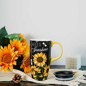 Topadorn Sunflower Ceramic Mug Coffee Cup with Lid and Matching Gift Box Latte Mug,17oz.Hello, Sunshine