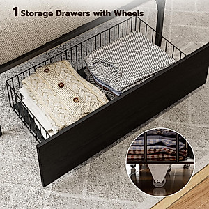 KZNGK Twin XL Bed Frames with Storage Shelf Headboard and Charging Station, LED Platform Bed with Drawer and Space Underneath, Metal Slats Support, No Box Spring Needed, Black