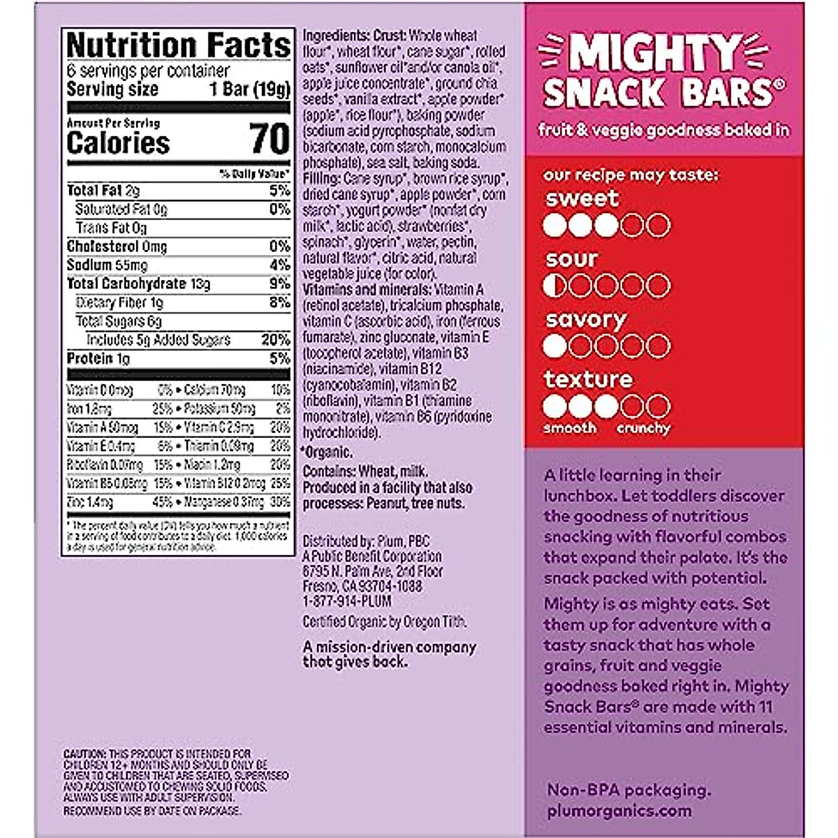 Plum Organics Mighty Snack Bars - Strawberry - 0.67 oz Bars (Pack of 48) - Organic Fruit and Vegetable Toddler Food Snack Bars