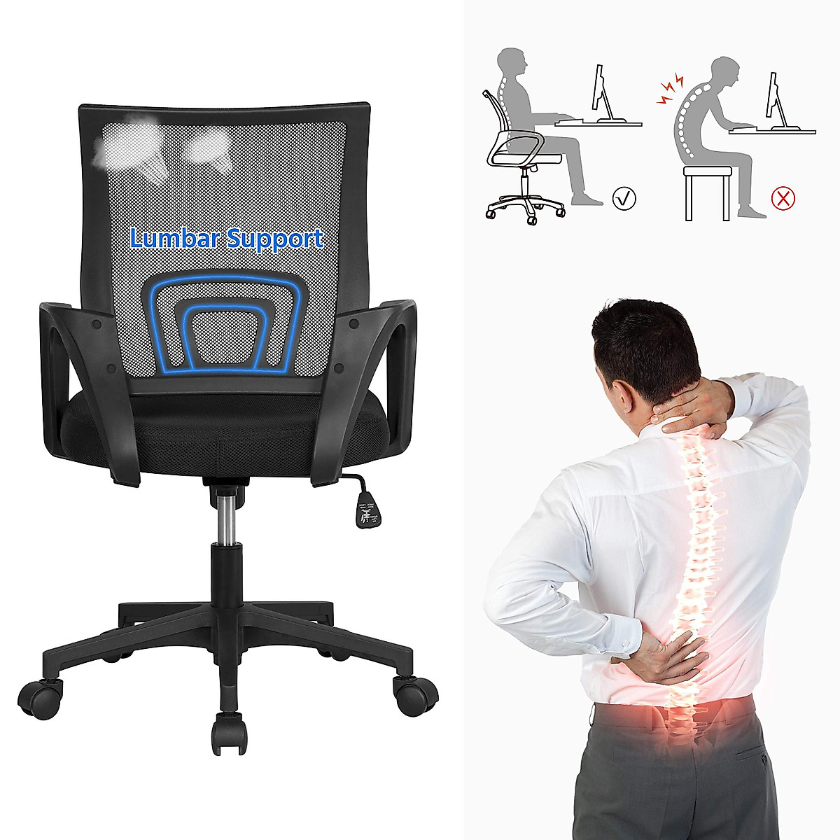 Yaheetech Office Chair Ergonomic Desk Chair Mid-Back Big Cheap Computer Chair Mesh Swivel Chair with Lumbar Support