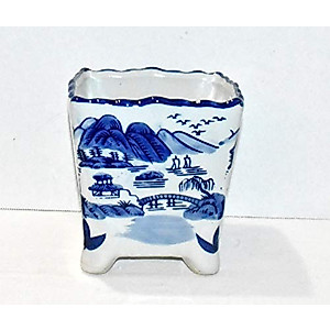 New 6" Cobalt Blue & White Oriental Mountain Water Theme Square with Feet Bonsai Planter Pot