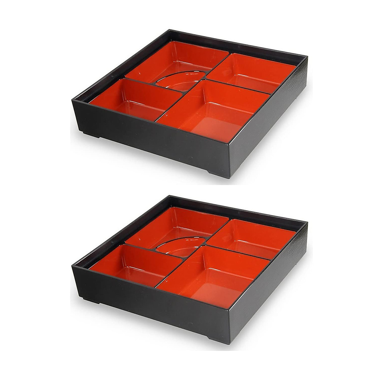 JapanBargain 4591, Red and Black Japanese Traditional Plastic Lacquered Lunch Bento Box 5 Compartments for Restaurant or Home Tray and Plate 2pc Set, Made in Japan, 9.5", Pack of 2
