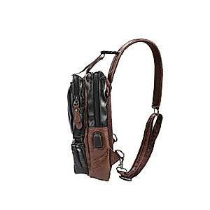 Men's Sling Bag, Crossbody PU Leather Shoulder Backpack with USB Charging Port, Vintage Chest Bag for Men(Black)