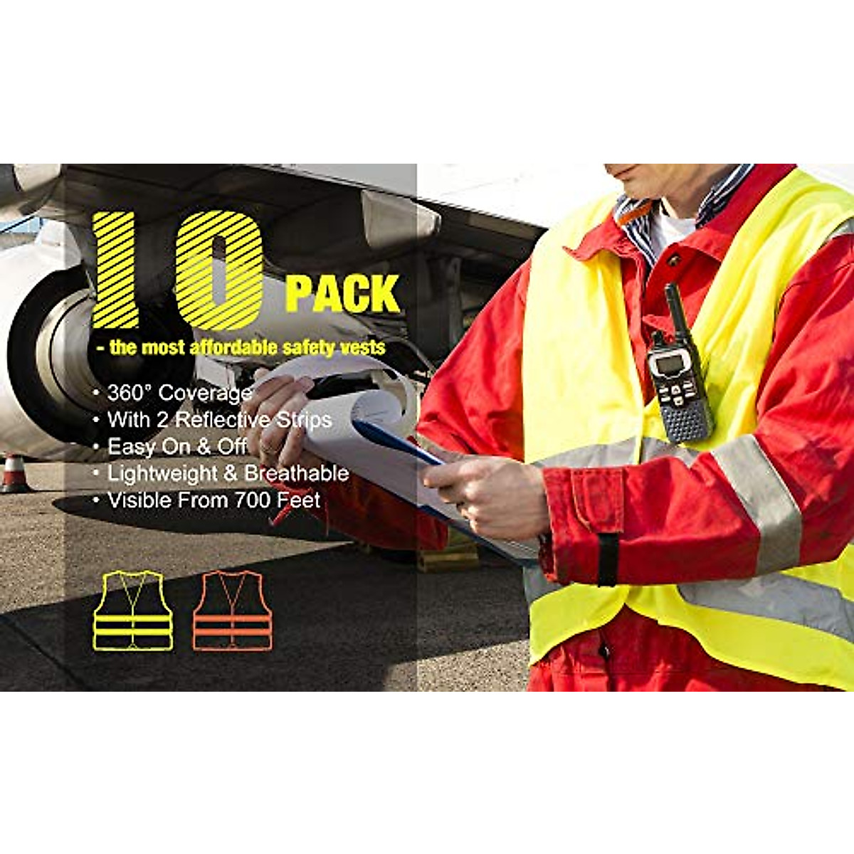 DUSKCOVE 10 Pack High Visibility Safety Vest for Traffic Work, Running, Surveyor and Security Guard - Construction Vest with 2 Reflective Strips, Made from Breathable and Neon Yellow Mesh Fabric