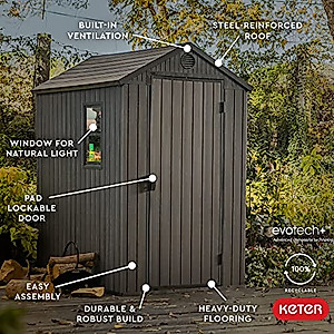 Keter Darwin 4 x 6 Foot Spacious Heavy Duty Storage Shed for Organizing Garden Accessories and Outdoor Tools with Lockable Door and High Ceiling, Gray